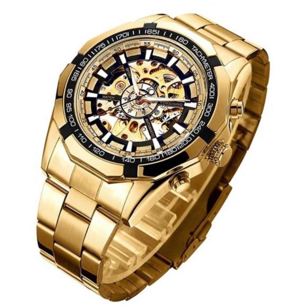 Men's Gold Mechanical Skeleton Luxury Wrist Watch - Gem